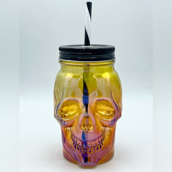 WTC | Kitchen | Wtc Skull Glass Sipper Mason Jar Lid Straw Iridescent ...
